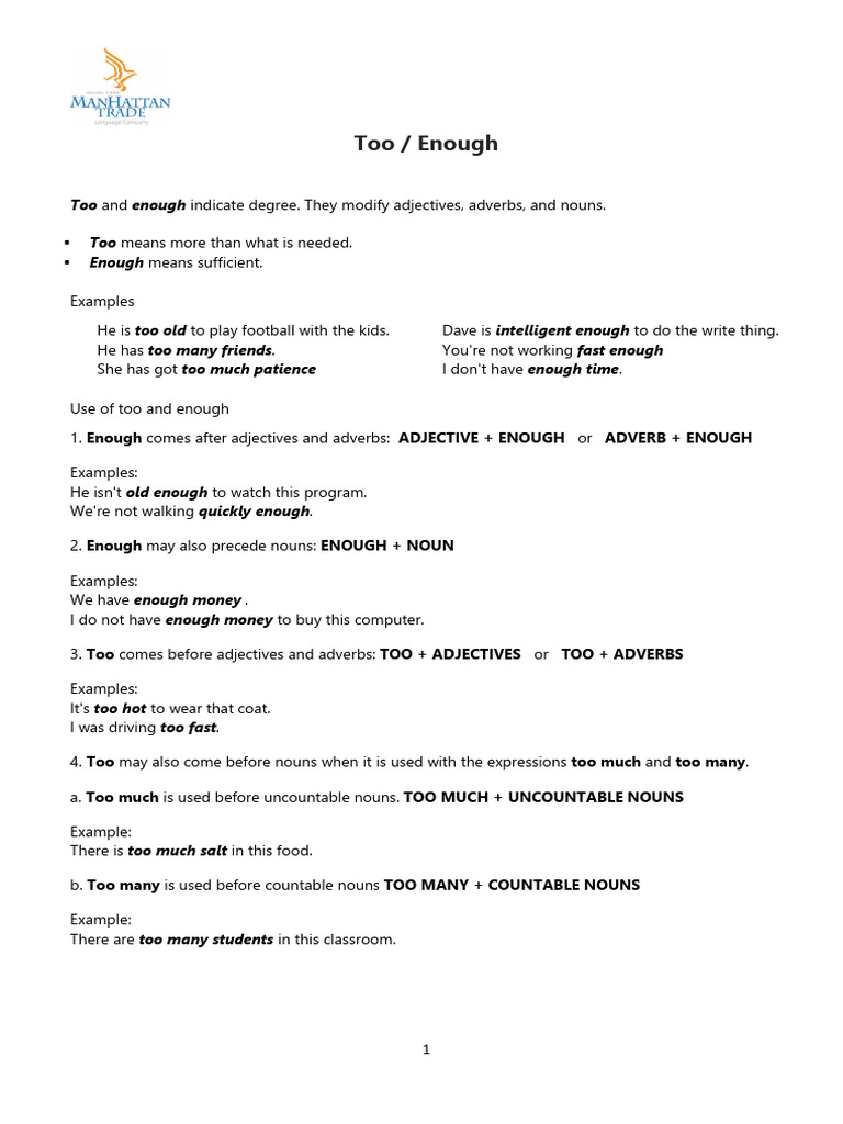 1 - Too vs Enough | PDF | Adjective | Adverb