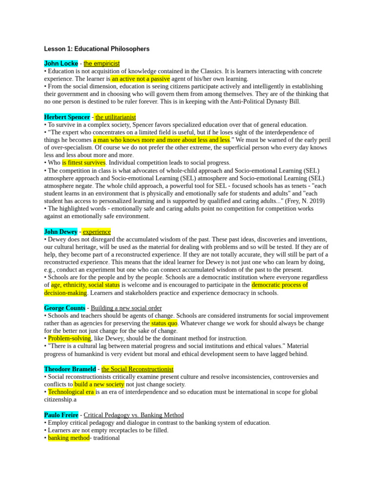 EDTCOL Lesson 1 Educational Philosophers | PDF | Learning | Pedagogy