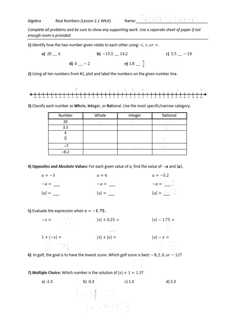 Alg 2 - 1-2 - 2 WKST Numbers and Adding | PDF | Numbers | Rational Number