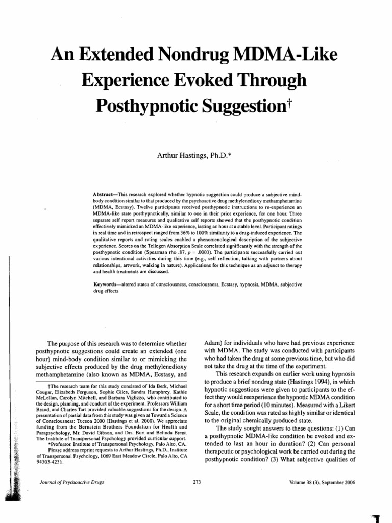 Arthur Hastings - An Extended Nondrug MDMA-Like Experience Evoked Through Posthypnotic ...