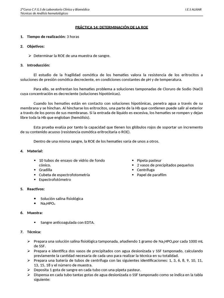 Práctica 14 Determinación de la ROE | PDF | Glóbulo rojo | Sangre