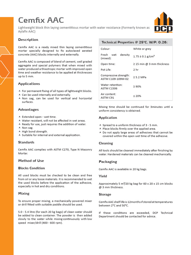 Cemfix AAC_TDS | PDF | Concrete | Mortar (Masonry)