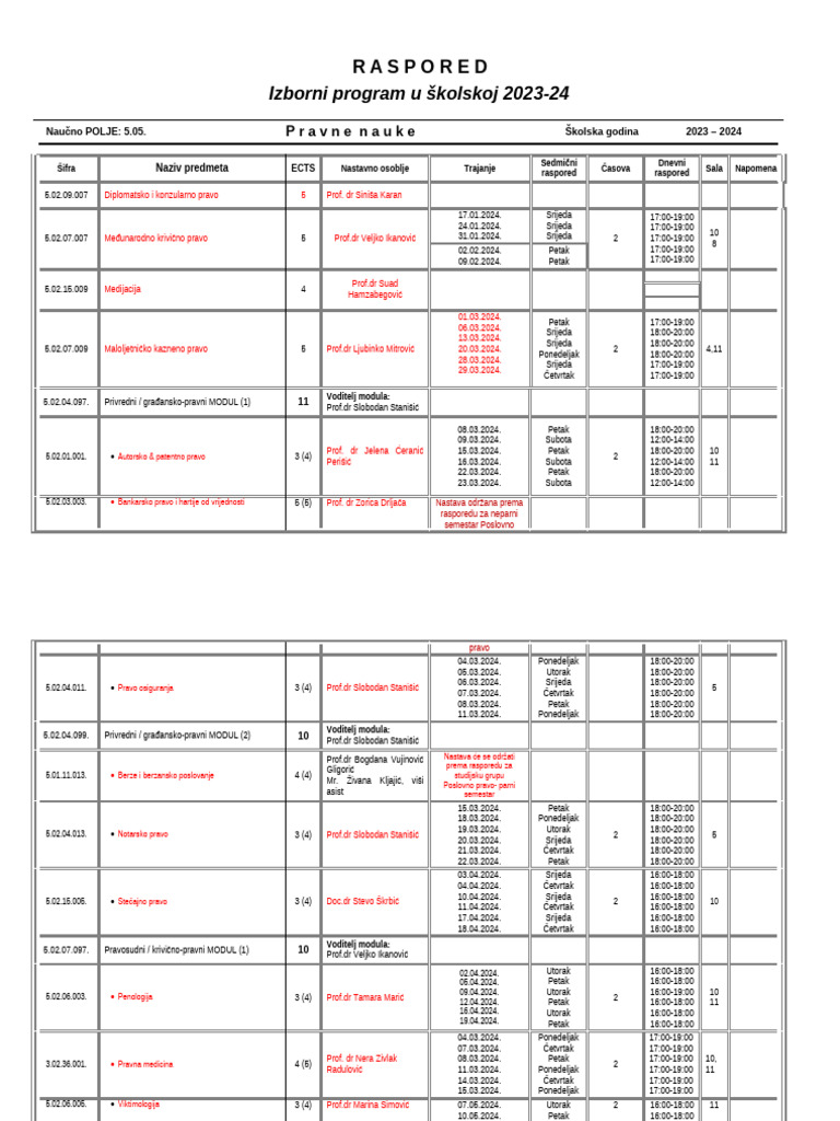 Raspored Izbornog Programa 2023-24 FPN | PDF
