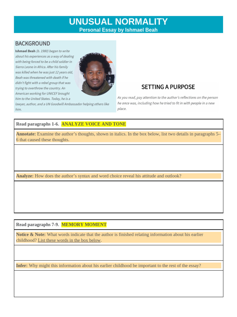 Ashli Godsey - Copy of UNUSUAL NORMALITY - Close Reading Wks | PDF ...