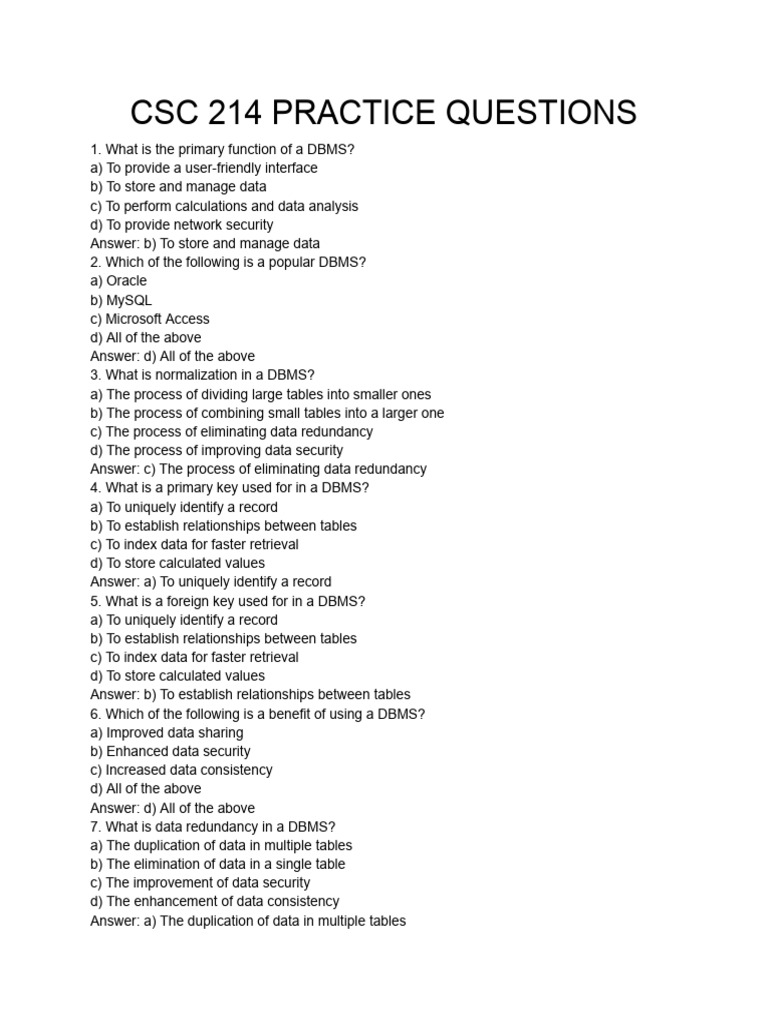CSC 214 Questions | PDF | Databases | Relational Database
