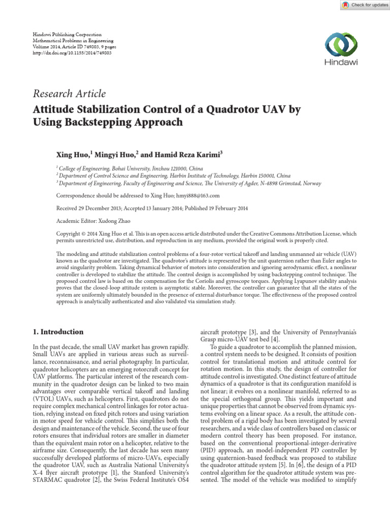 Attitude Stabilization Control of A Quadrotor UAV by Using Backstepping | PDF | Quadcopter ...