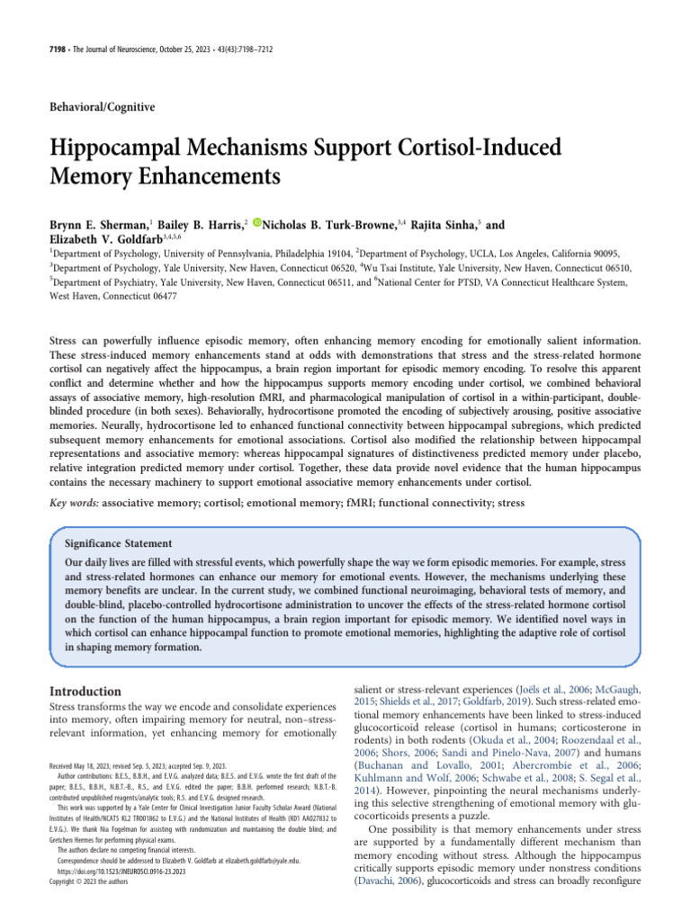Hippocampal Mechanisms Support Cortisol-Induced Memory Enhancements ...