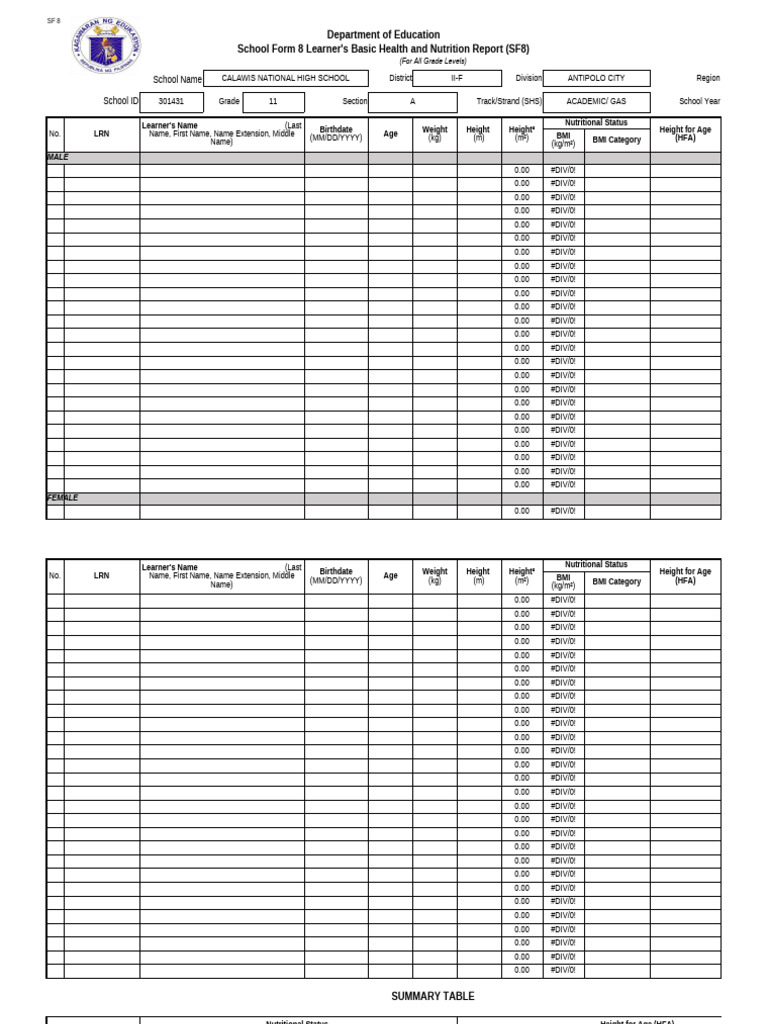 Department of Education School Form 8 Learner's Basic Health and ...
