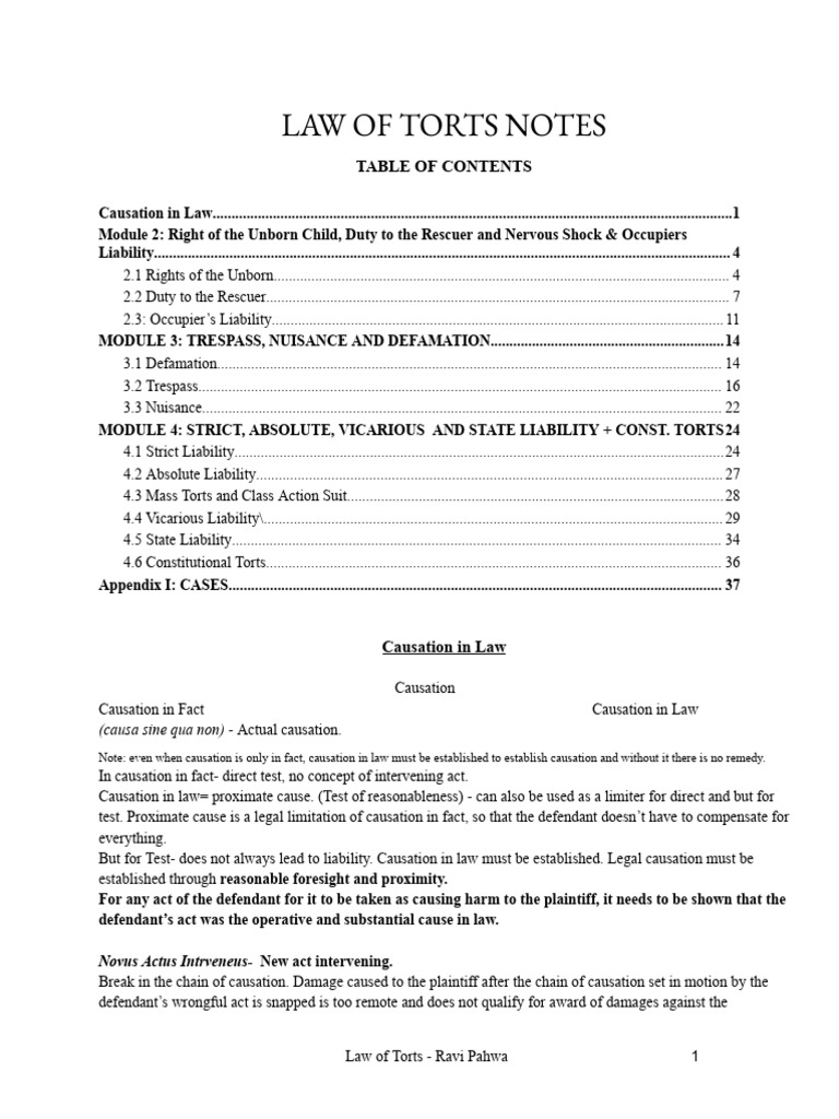 Law of Torts - Notes | PDF | Negligence | Causation (Law)