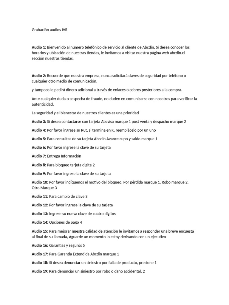 Grabación de Audios IVR Abcdin | PDF