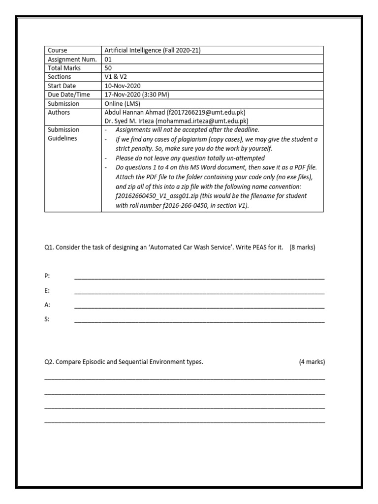 AI V1 V2 Fall 2020 - 21 Assg 01 | PDF | Software Engineering | Computing