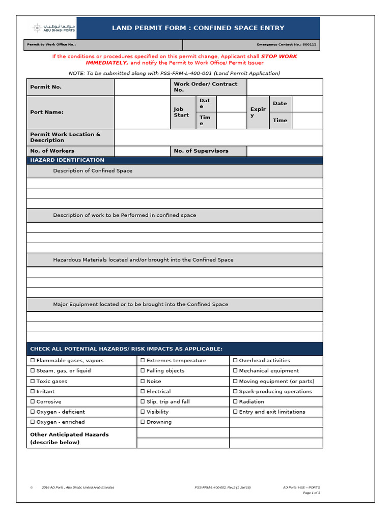 Confined Space Entry Permit Form | PDF | Working Conditions ...