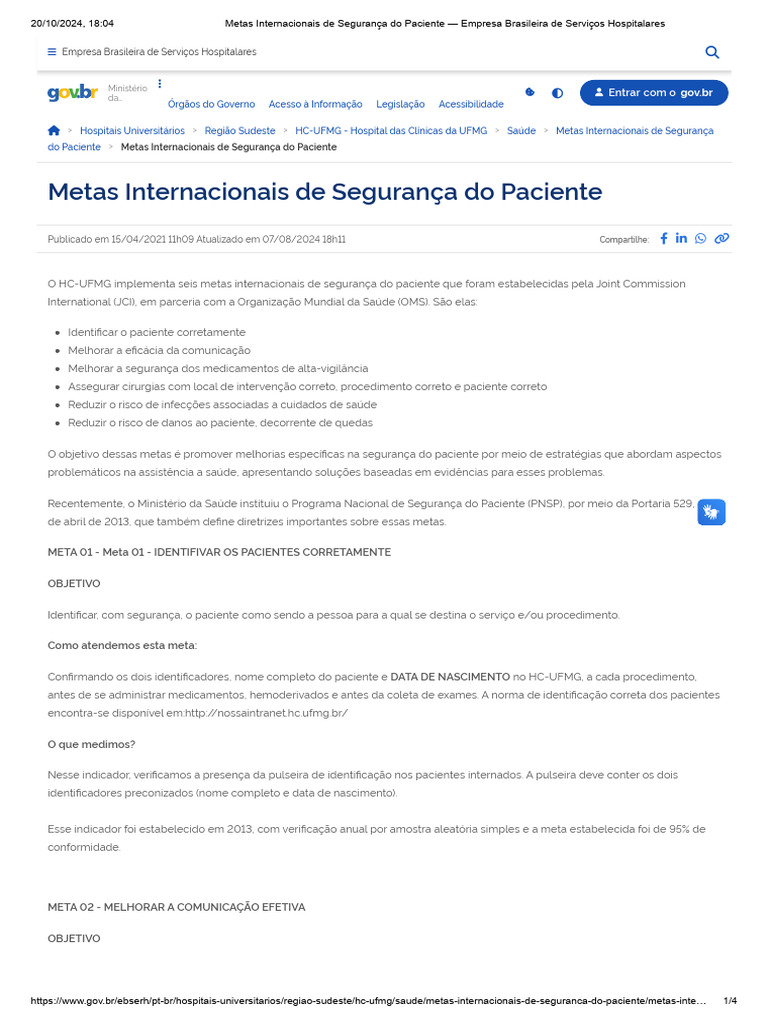 Metas Internacionais de Segurança do Paciente | PDF | Segurança do ...