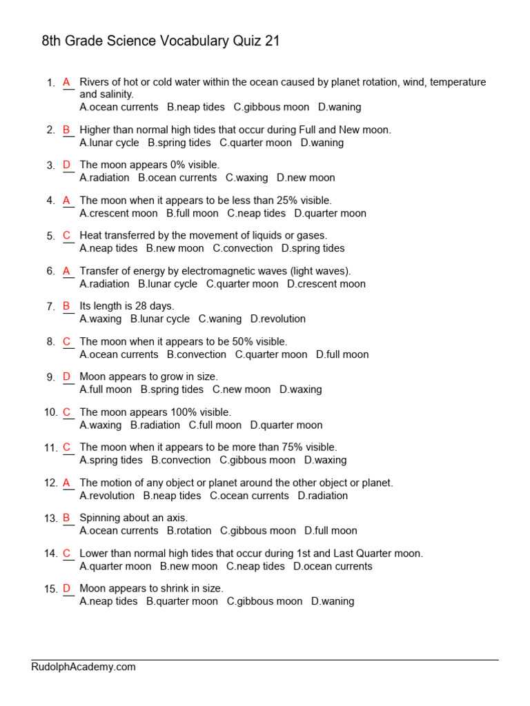 8th Grade Science Vocabulary Quiz | PDF