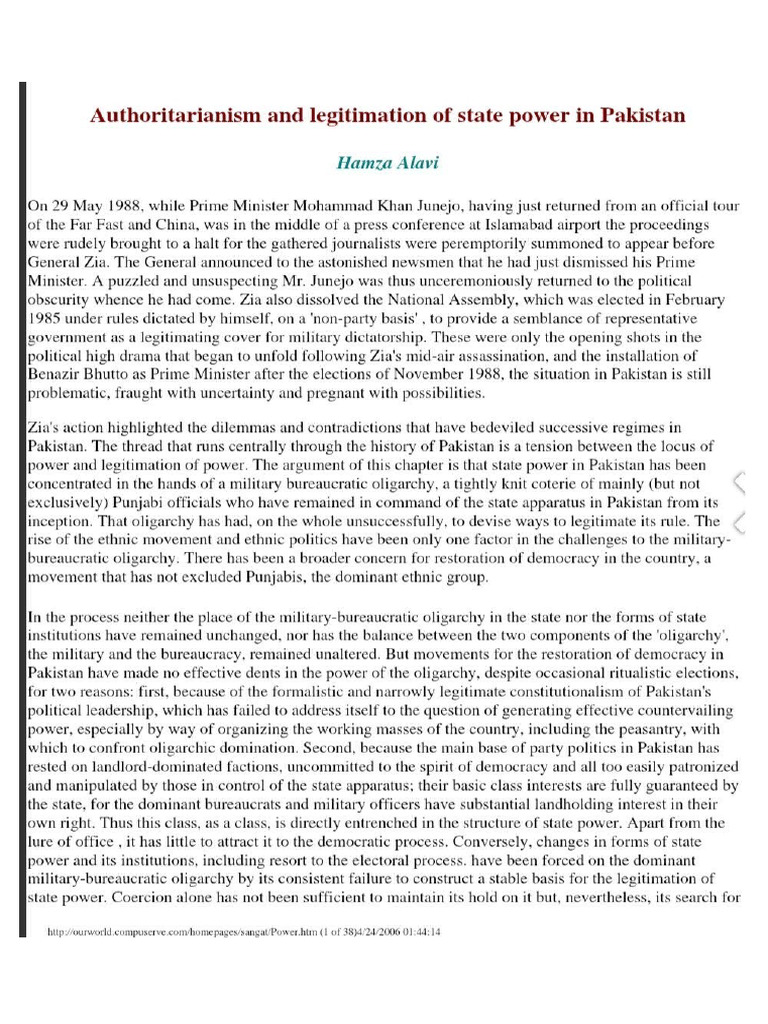 Authoritarianism and Legitimacy of State Power Hamza Alavi - Output | PDF
