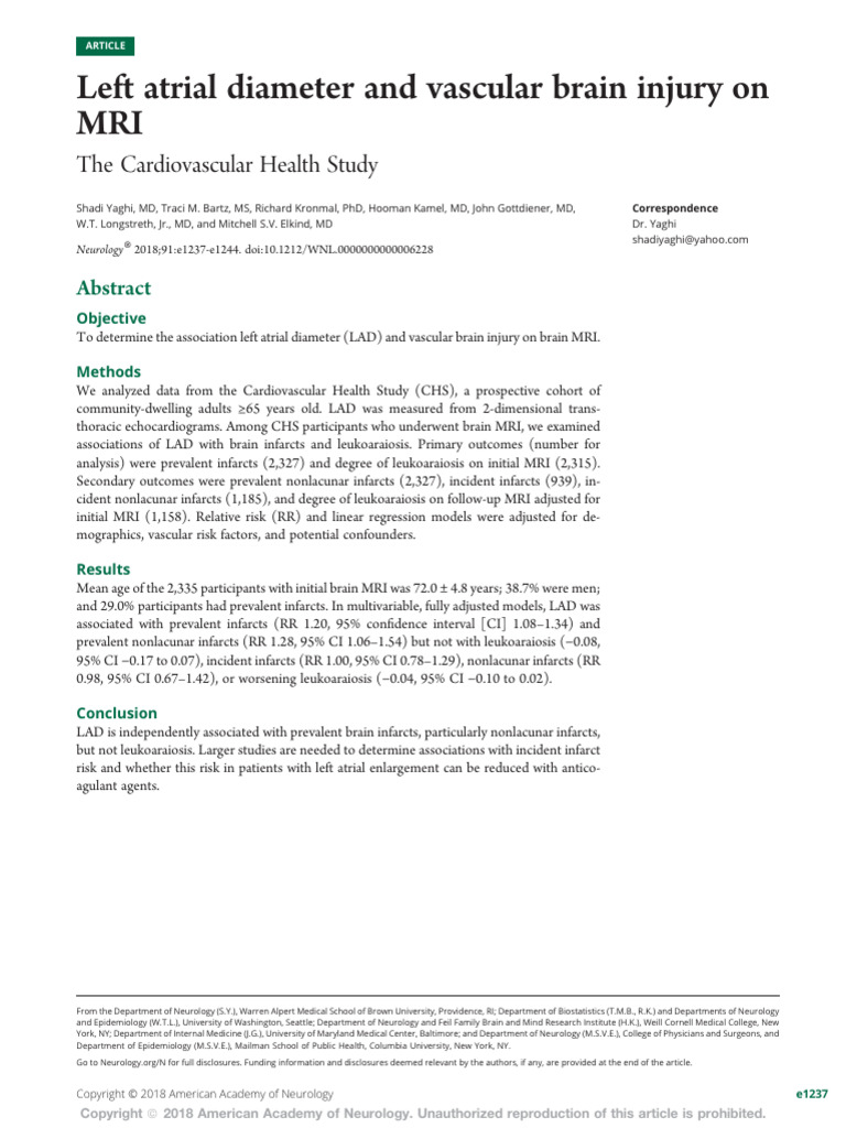 Left Atrial Diameter and Vascular Brain Injury On | PDF ...