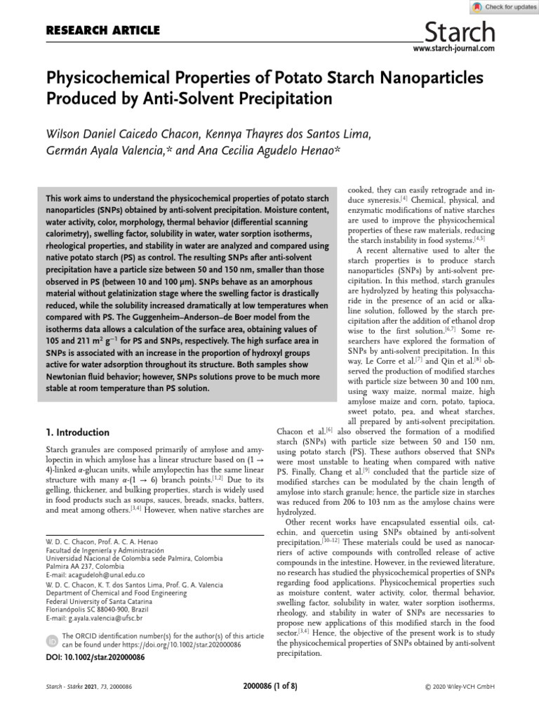 Physicochemical Properties of Potato Starch Nanoparticles Produced by ...