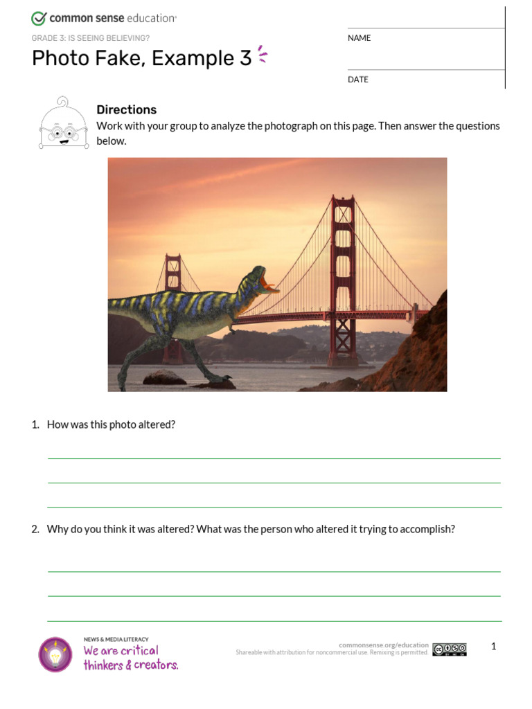 Grade 3 - Is Seeing, Believing_ - Photo Fake, Example 3 Student Handout ...