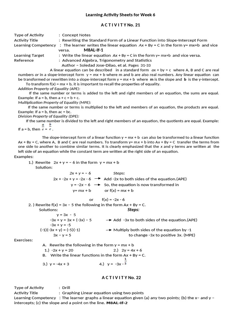 Learning Activity Sheets - Week 5 | PDF | Line (Geometry) | Equations