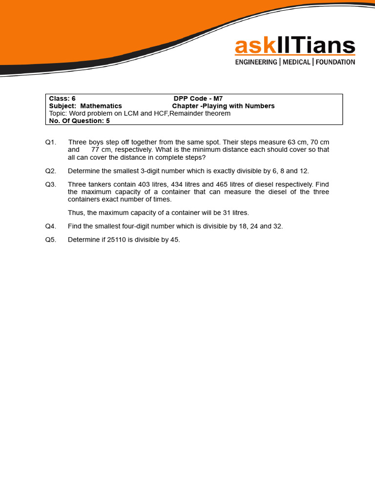 LCM and HCF Word Problems for Grade 6 | PDF | Teaching Methods ...