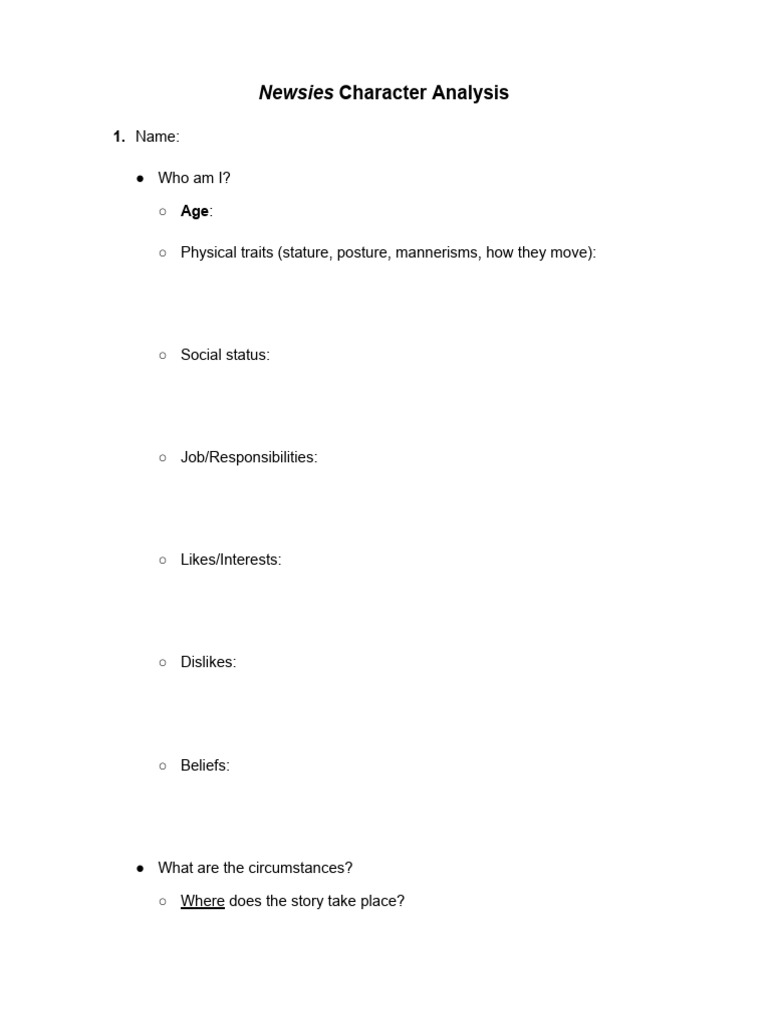 Newsies Character Analysis Worksheet | PDF