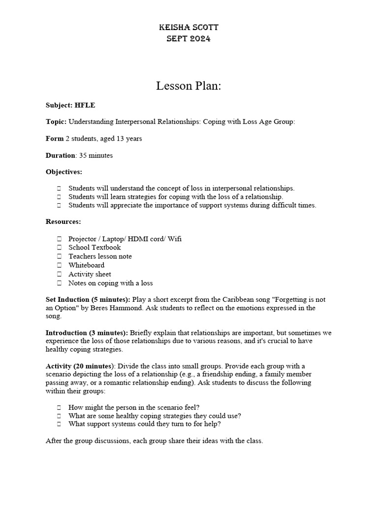 Lesson Plan - HFLE | PDF | Grief | Emotions
