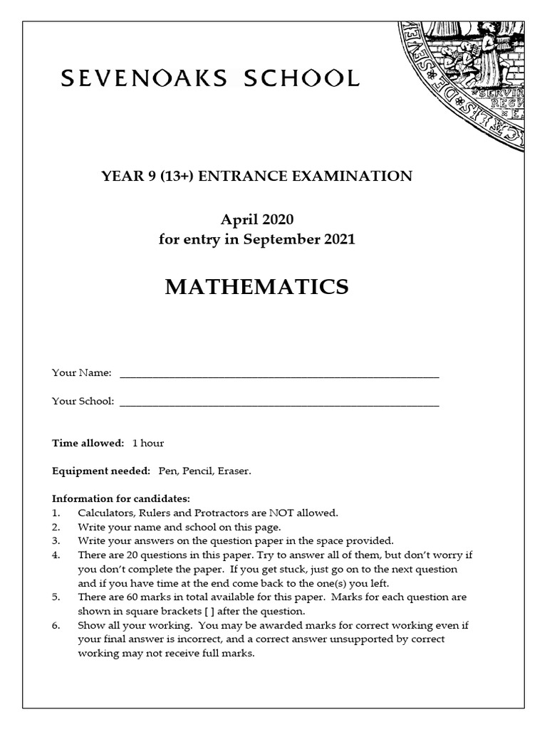 MATHS Y9 Entrance Exam 2021 | PDF | Mathematics | Euclidean Geometry