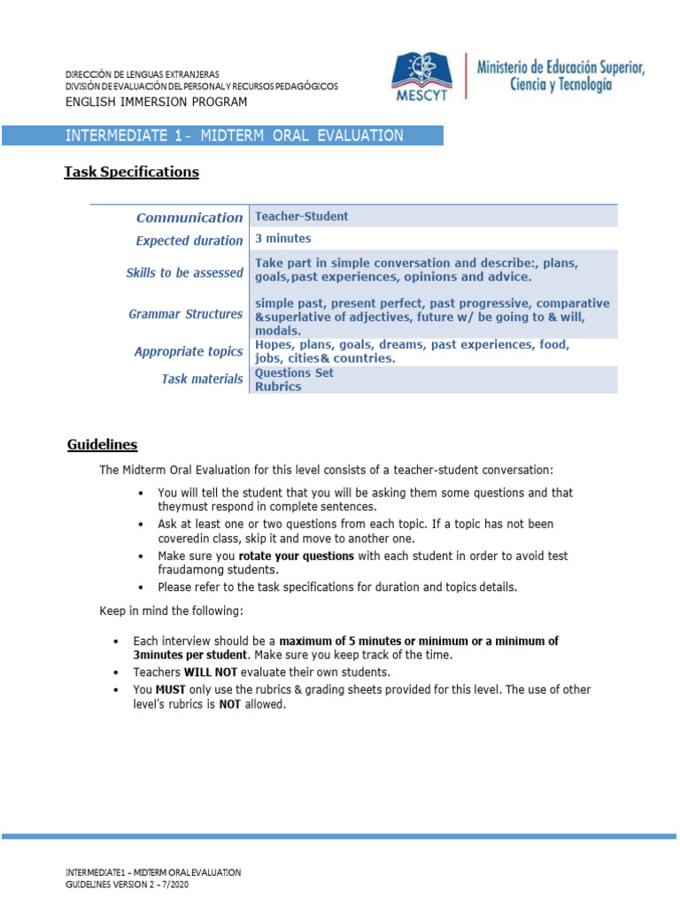 INT 1 Oral Evaluation Handout (2) | PDF