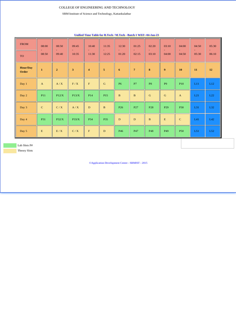 SRM B.Tech/M.Tech Unified Timetable | PDF