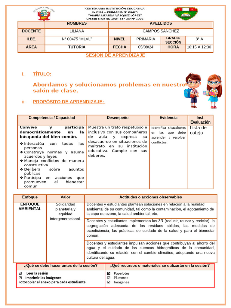 Abordamos y Solucionamos Problemas en Nuestro Salon de Clase- Tutoria ...