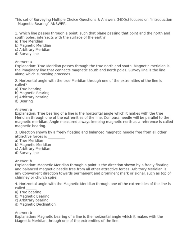 009-SURVEYING-MCQ-Introduction-Magnetic-Bearing.ANSWER-002 | PDF ...