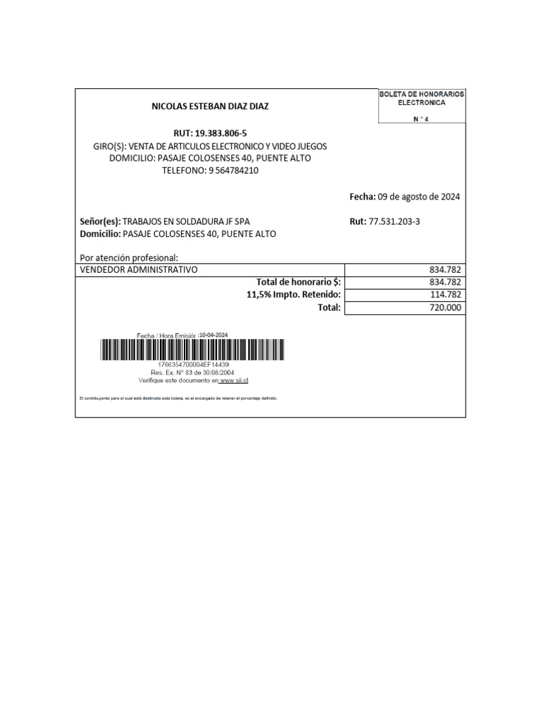 Boleta de Honorario Agosto | PDF | Negocios | Derecho