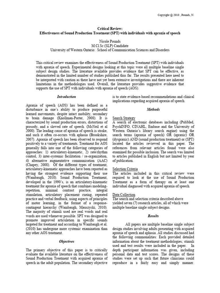 Effectiveness of Sound Production Treatment Nicole Pounds | PDF ...