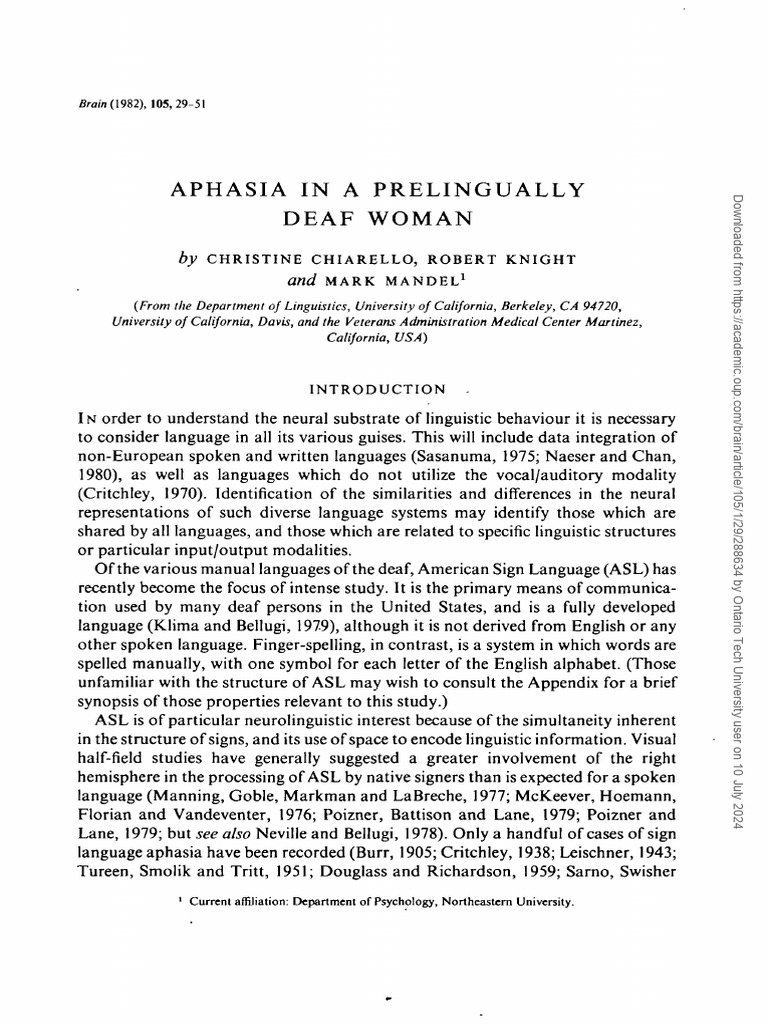 Aphasia in A Prelingually Deaf Woman | PDF | Aphasia | American Sign ...