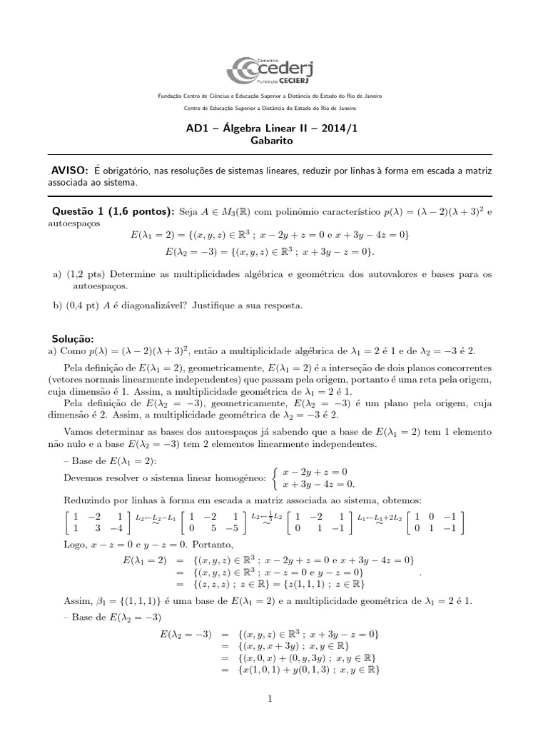 AD1 ALII 2014 1 Gabarito | PDF | Autovalores e autovetores | Matemática aplicada