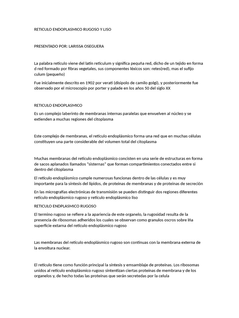 Reticulo Endoplasmico Rugoso y Liso | PDF | Retículo endoplásmico ...