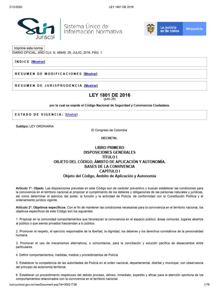 Ley 1801 de 2016 | PDF | Policía | Regulación