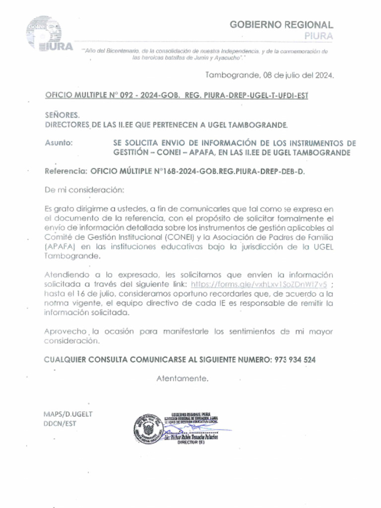 Oficio Multiple #092-2024-Gob - Reg.piura-Drep-Ugel-T-Updi-Est | PDF