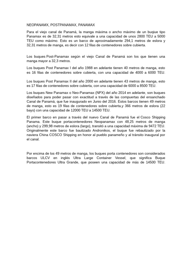 Dimensiones de Buques Panamax y Neopanamax | PDF | canal de Panama ...