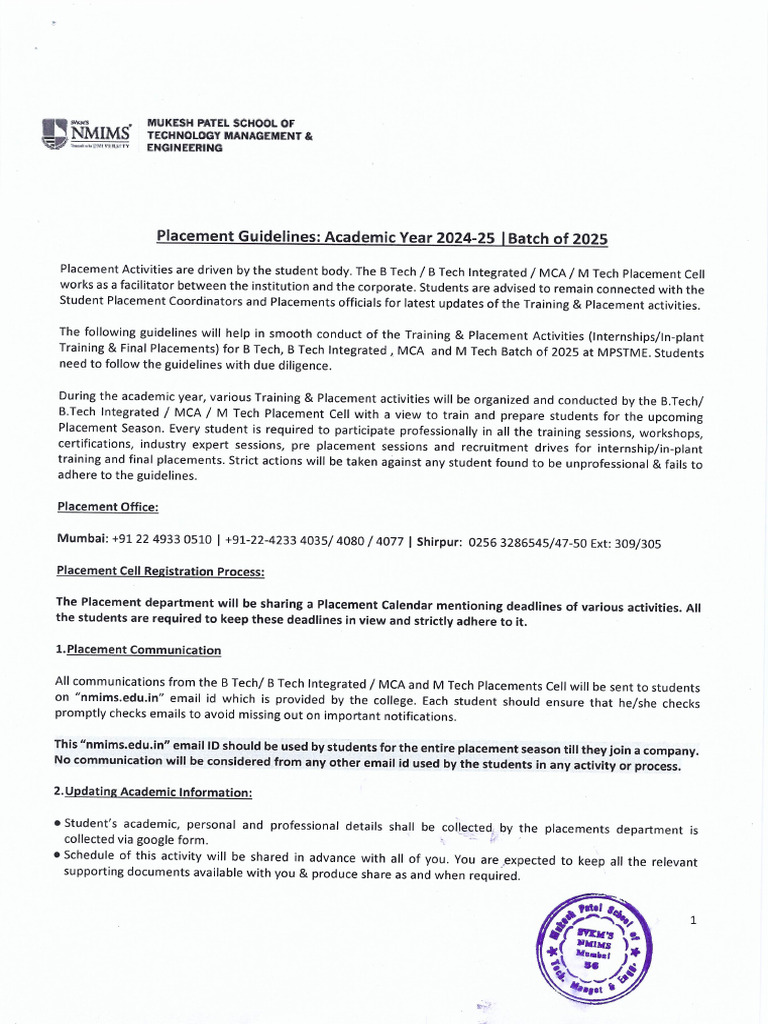 Signed Scan Copy of Placement Policy - Batch 2025 | PDF