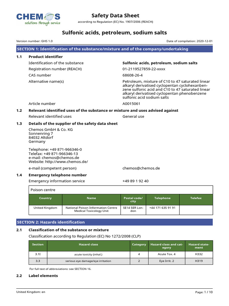 Safety Data Sheet Sulfonic Acids, Petroleum, Sodium Salts | PDF ...