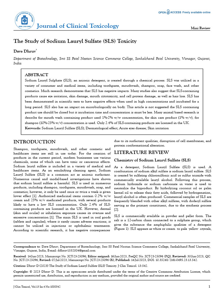 The Study of Sodium Lauryl Sulfate Sls Toxicity | PDF | Sodium Dodecyl ...