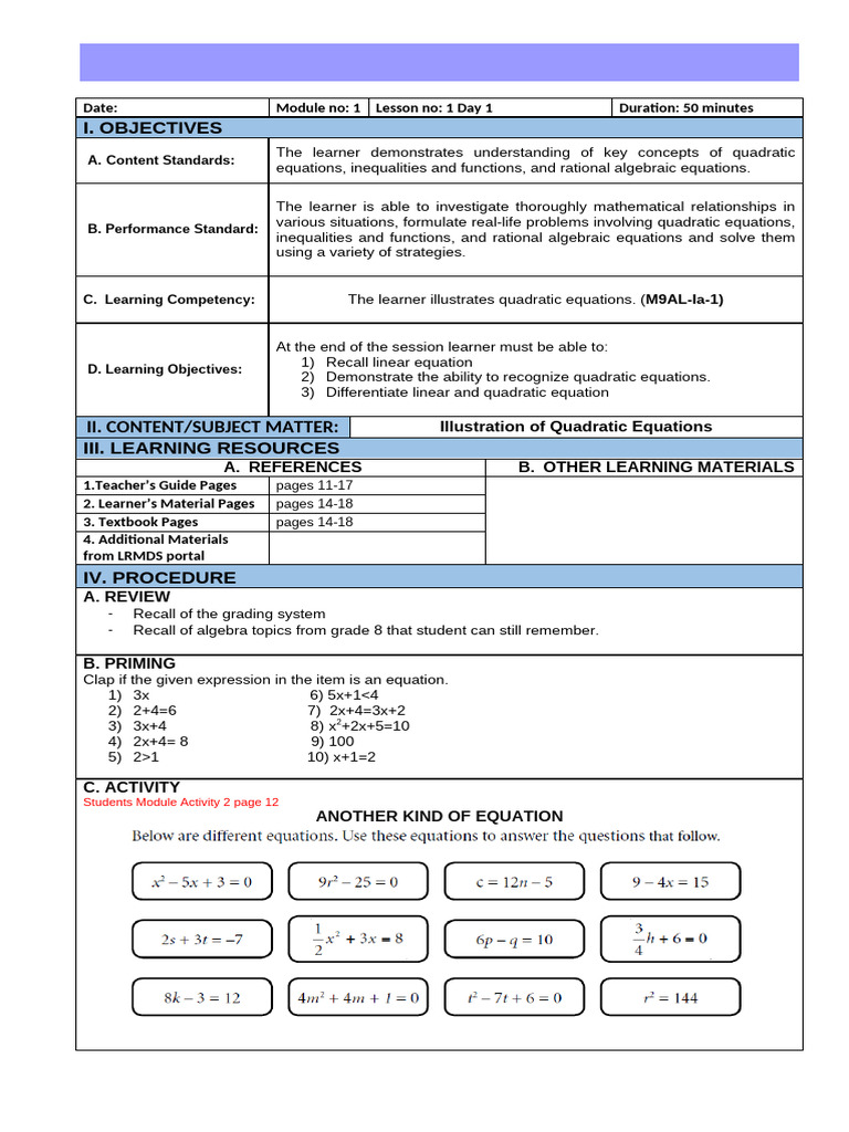 G9 Lp Module 1 Lesson 1 1 Illustration Of Quadratic Equation Pdf