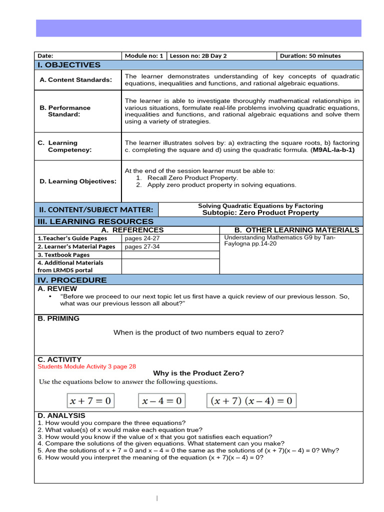 Solving Quadratic Equations: Zero Product Property | PDF | Equations ...