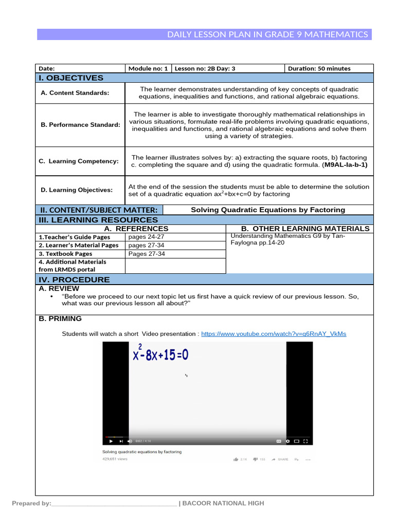 G9 LP Module 1 Lesson 2B.3 Solving Quadratic Equations by Factoring ...
