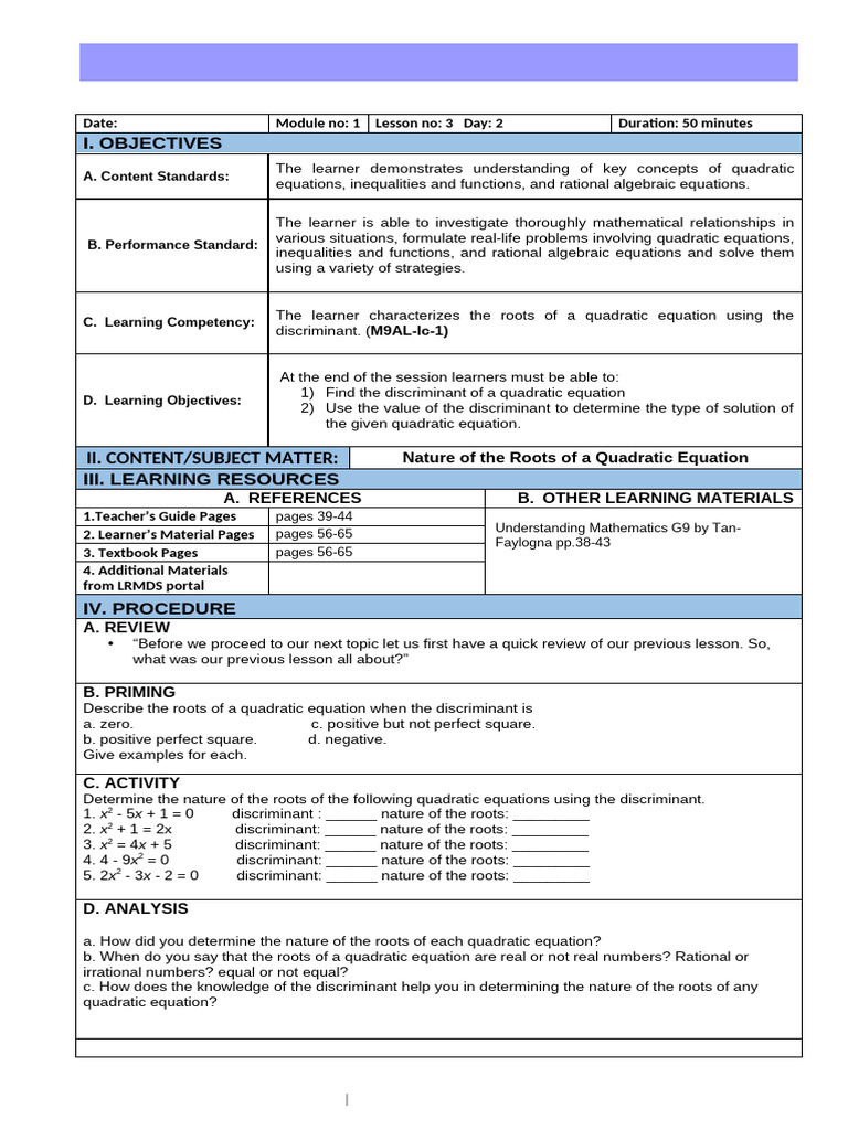 G9 LP Module 1 Lesson 3.2 Nature of The Roots of A Quadratic Equation ...