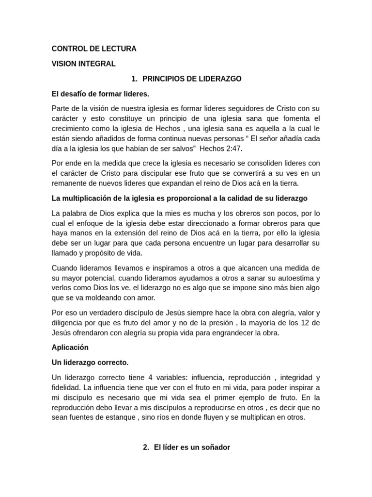 Control de Lectura Vision Integral | PDF | Liderazgo | Amor