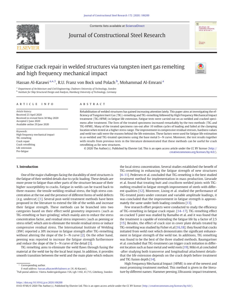 Fatigue Crack Repair in Welded Structures Via Tungsten Inert Gas ...
