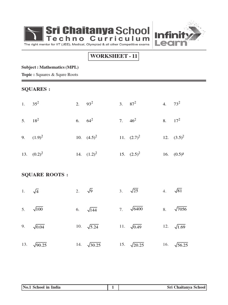 11. Squares & Squre Roots Worksheet-11 | PDF