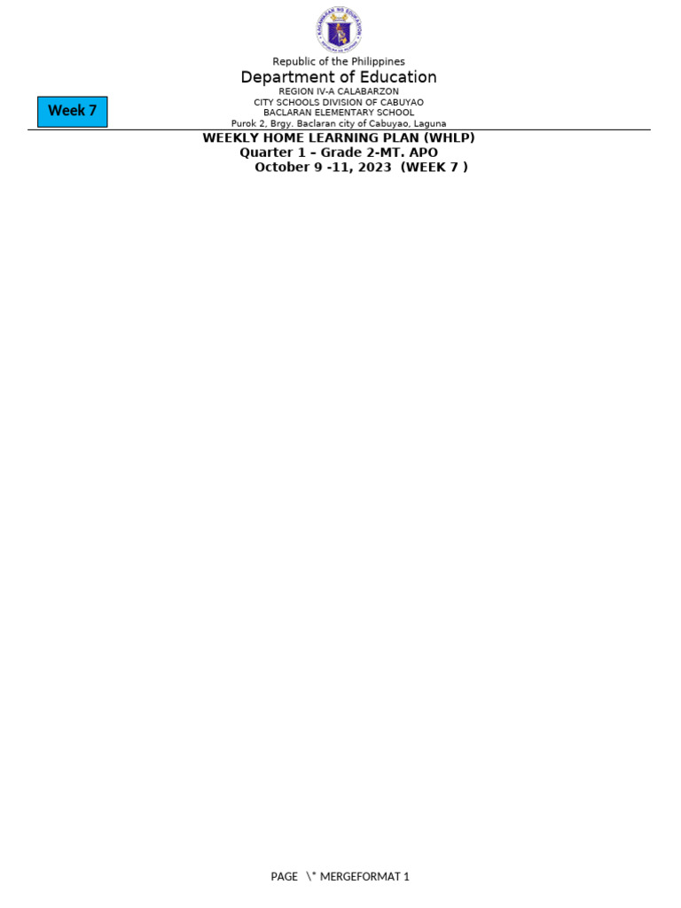 Grade 2 Q1 WHLP Week 7 | PDF
